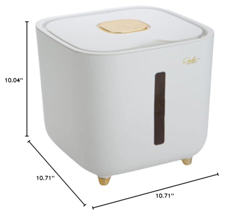 HOMHOLDON 22 Lbs Rice Dispenser, Large Sealed Grain Storage Container with Measuring Cup Food Dispenser Kitchen Organizer Storage bins for Rice,Beans,Grains,Cereal Dry Food,Pet Food(White&Gold)