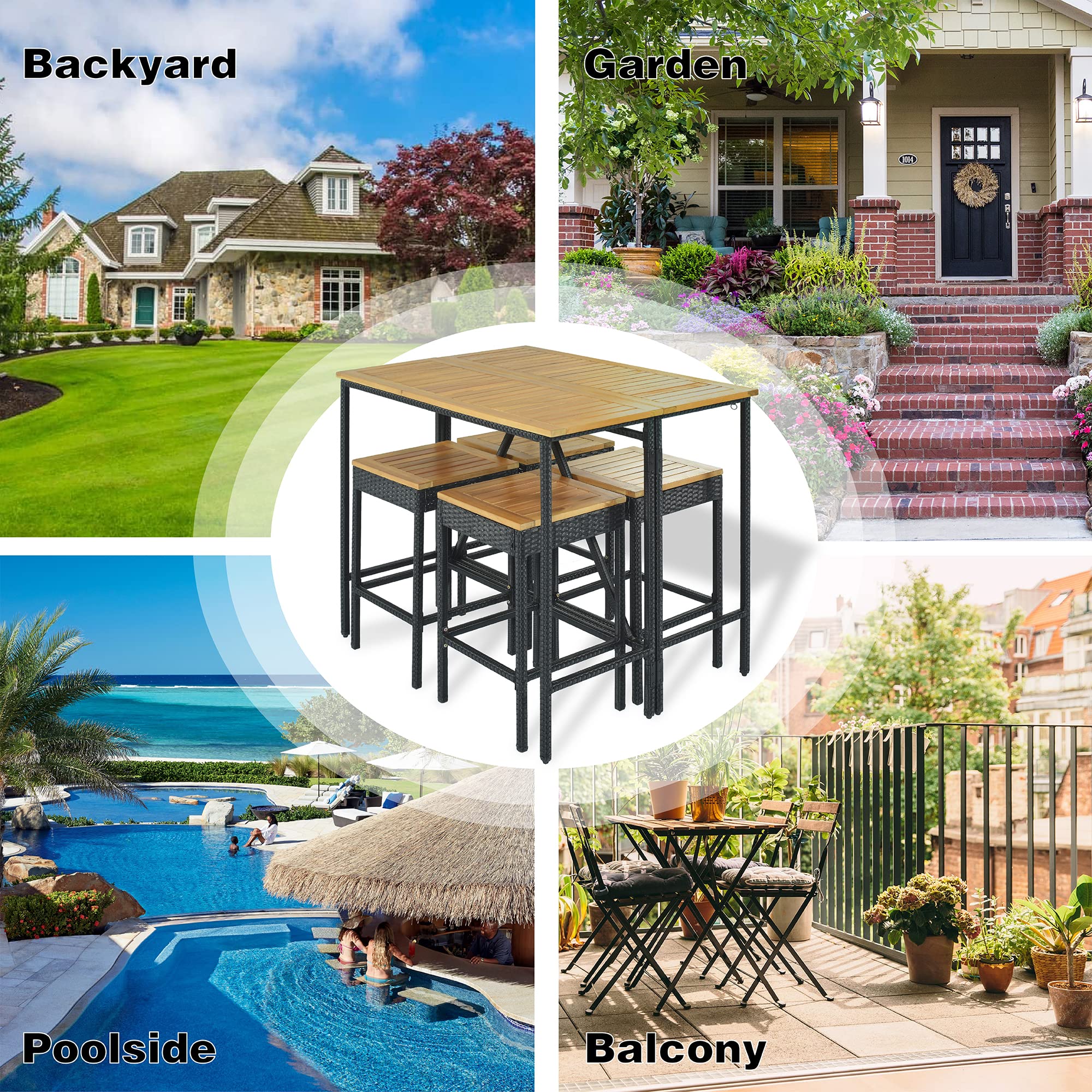 5-Piece Steel Outdoor Patio Wicker Bar Set, Garden PE Rattan Wicker Dining Table, Foldable Tabletop, Acacia Wood Tabletop with 4 Stools and 1 Wood Table. (Brown Wood + Black Wicker#1)