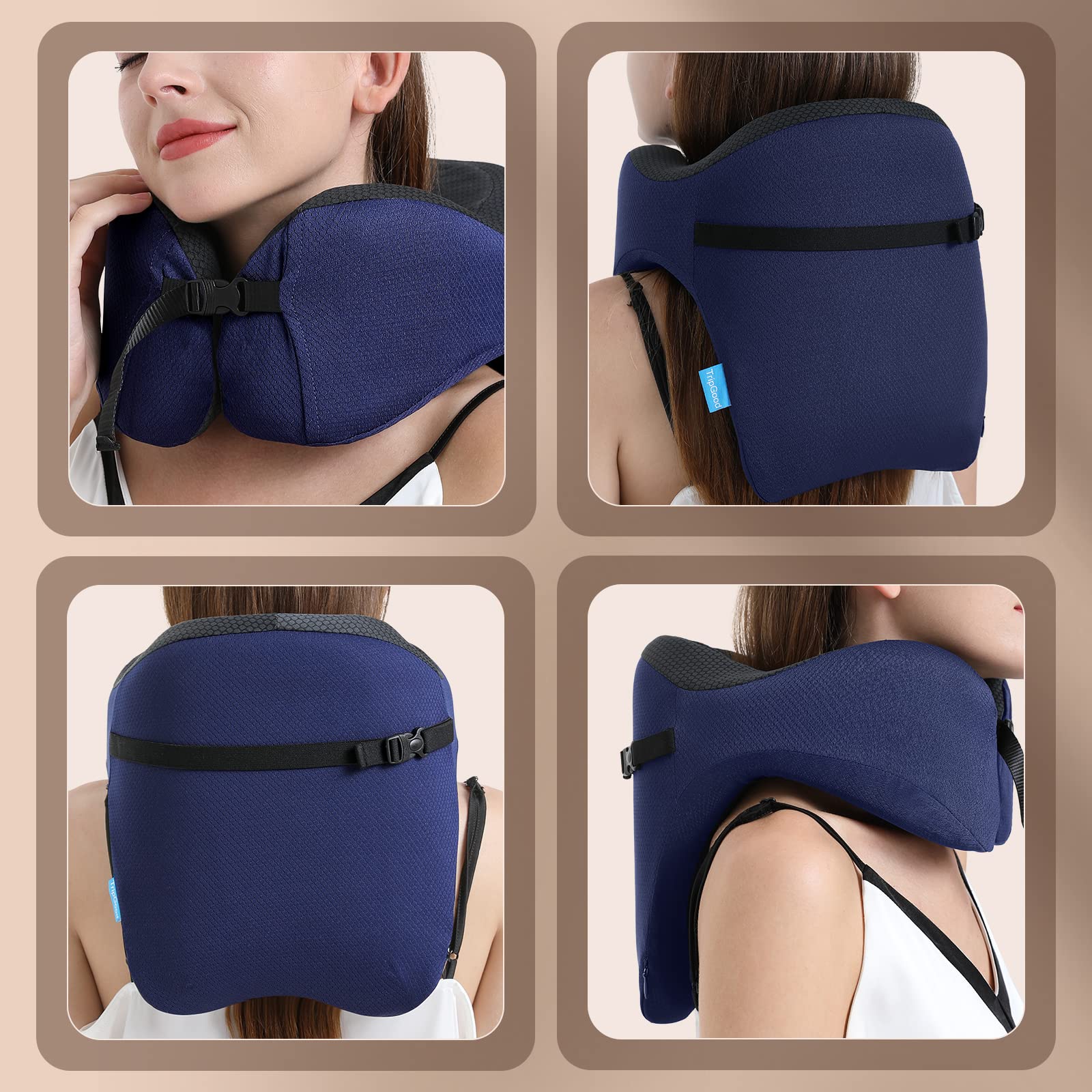 TripGood Neck Pillow for Travel - Extra Upper Back Support - Back Buckle Strap - Large(16.7" Neck Circumference) - Memory Foam - Blue