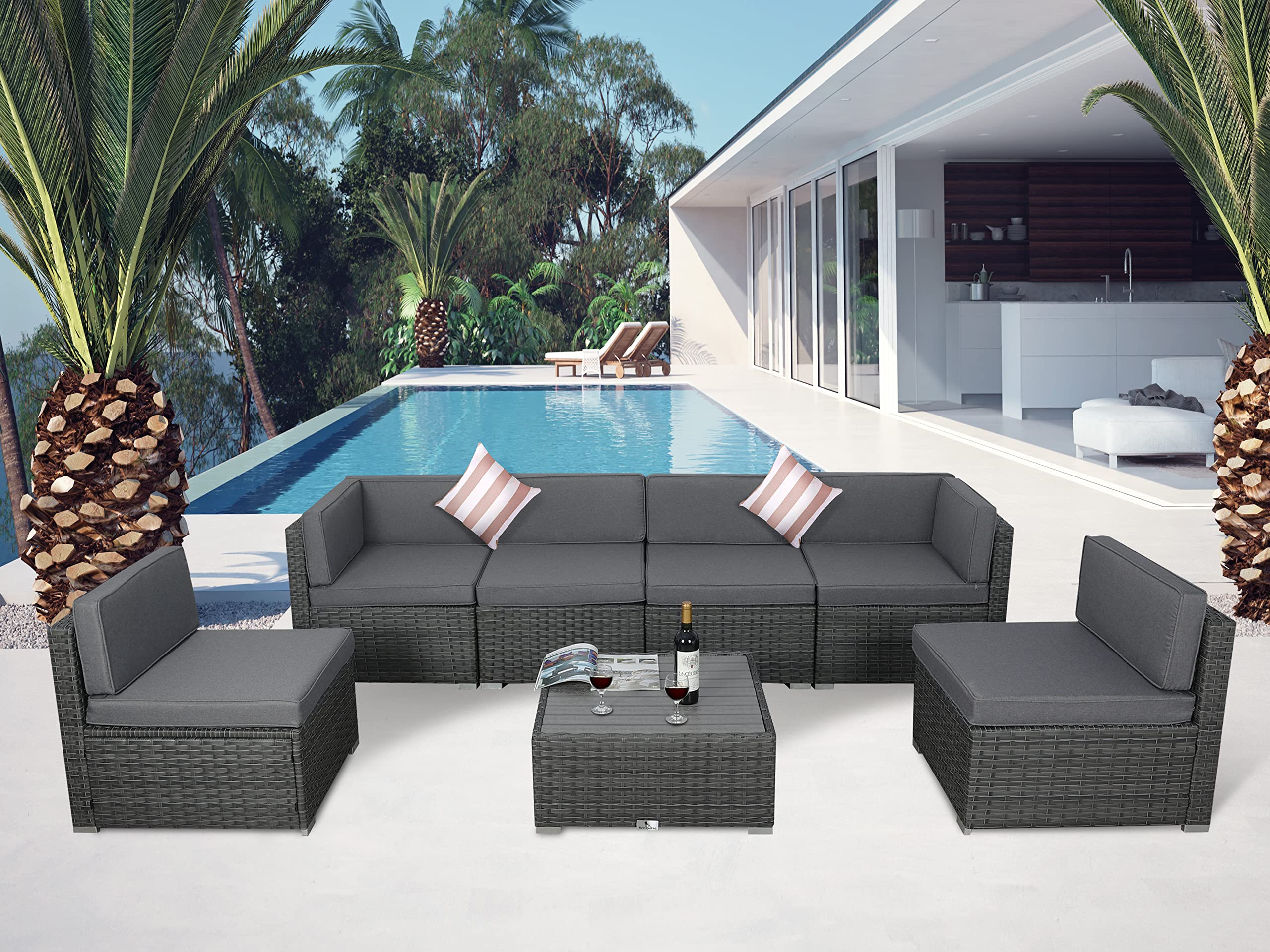 7 Piece Outdoor Patio Furniture Set with Cushions, PE Rattan Wicker Modular Outdoor Sectional L Shape Patio Conversation Sofa Set with Coffee Table, and Two Pillows (Light Gray/Gray)