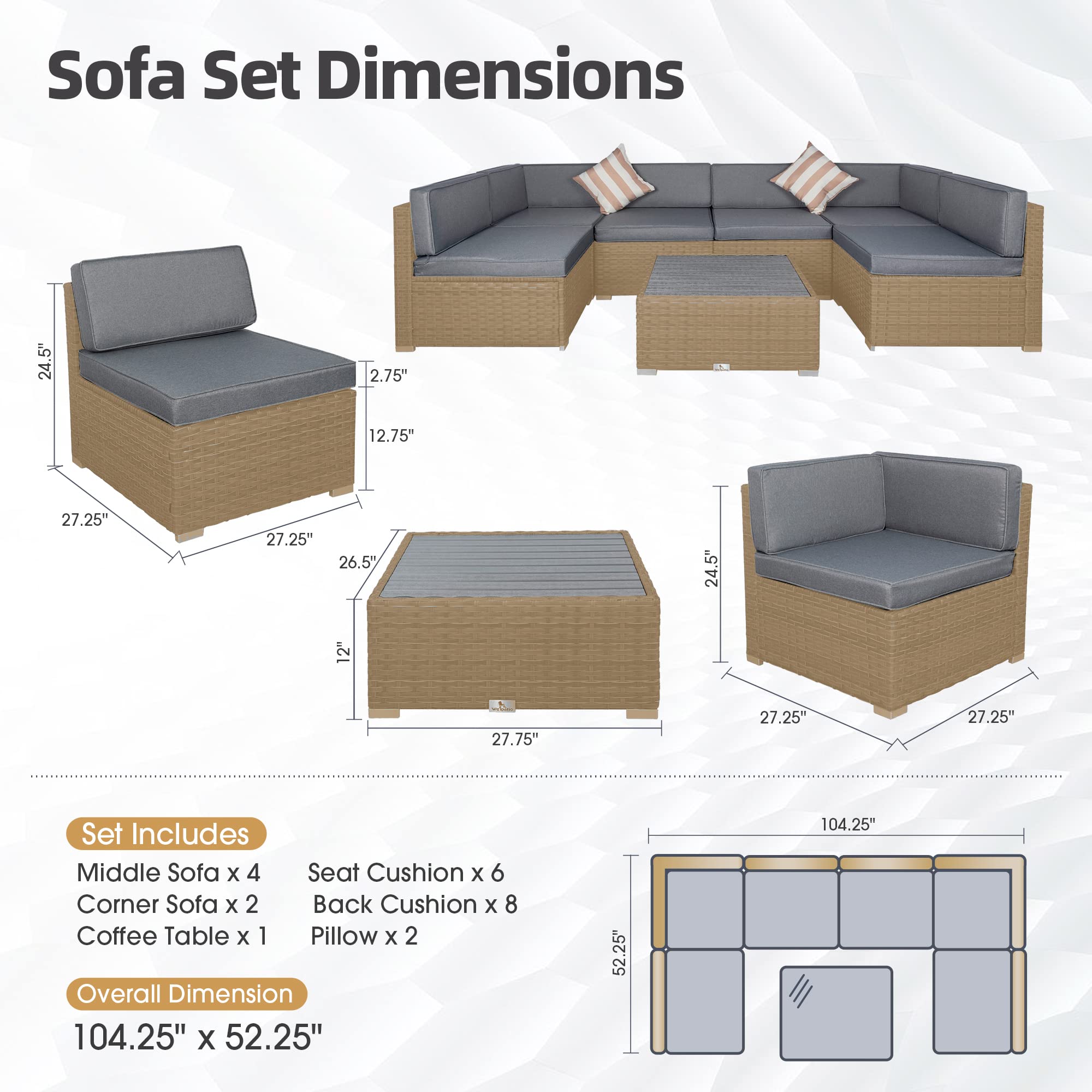 7 Piece Outdoor Patio Furniture Set with Cushions, PE Rattan Wicker Modular Outdoor Sectional L Shape Patio Conversation Sofa Set with Coffee Table, and Two Pillows (Light Gray/Gray)