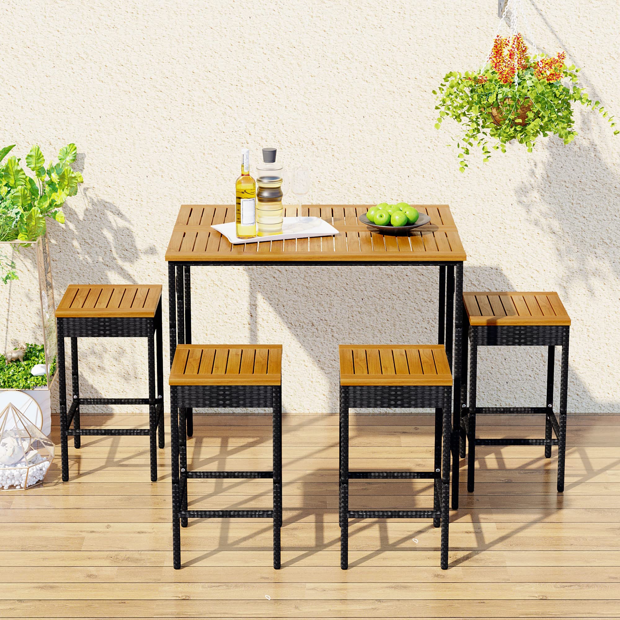 5-Piece Steel Outdoor Patio Wicker Bar Set, Garden PE Rattan Wicker Dining Table, Foldable Tabletop, Acacia Wood Tabletop with 4 Stools and 1 Wood Table. (Brown Wood + Black Wicker#1)