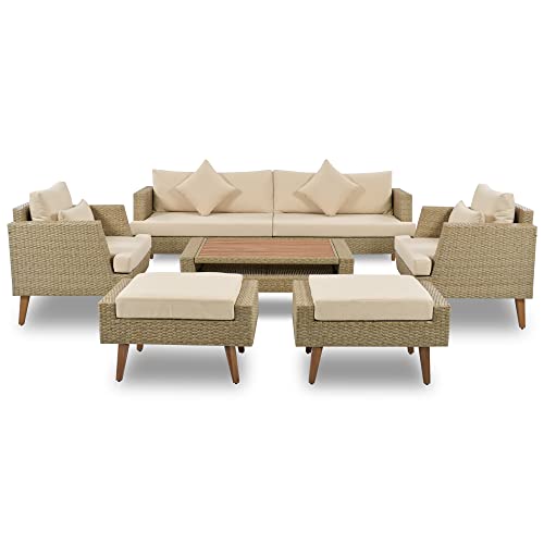 6-Piece Patio Sectional Set Outdoor Rattan Sofa Set With Double Cushions and Coffee Table, Brown Wicker Outdoor Sofa with Cushions & Wood Table Top and Wood Legs, All-Weather PE Wicker Couch Set