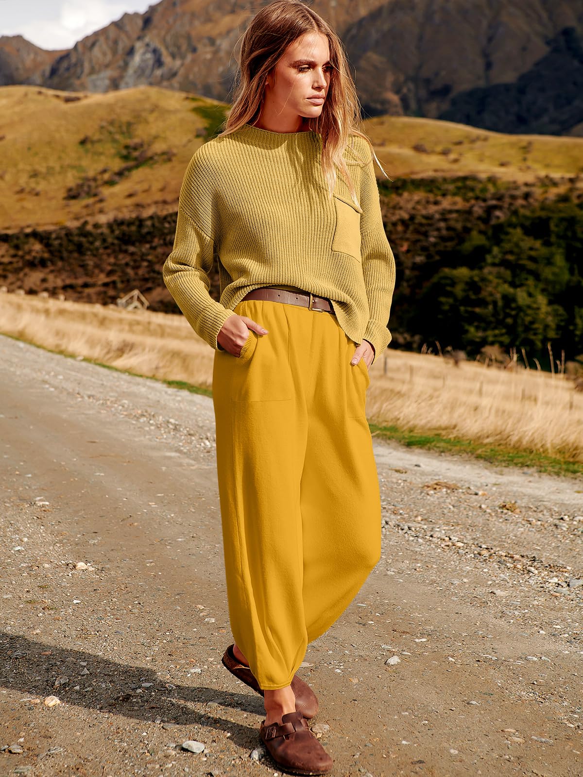 ANRABESS Women's Two Piece Outfits Long Sleeve Knit Top Fall Sweater Set Oversized Pants Tracksuit Lounge Sets Yellow Medium