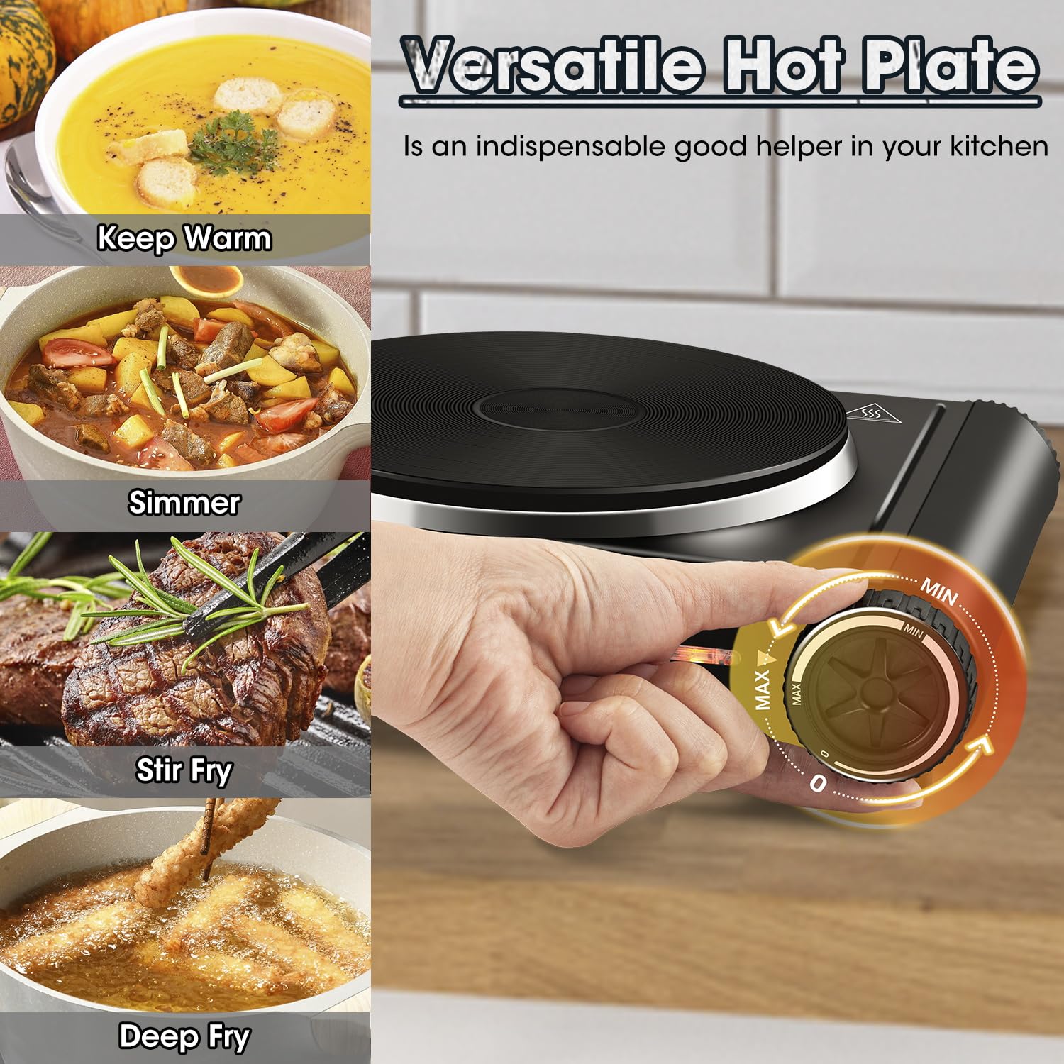 CUSIMAX Hot Plate,1500W Electric Portable Cast Iron Stove with Temperature Controls,Hot Plates for Cooking,Compatible for All Cookwares,Concealed Handle,Easy to Clean