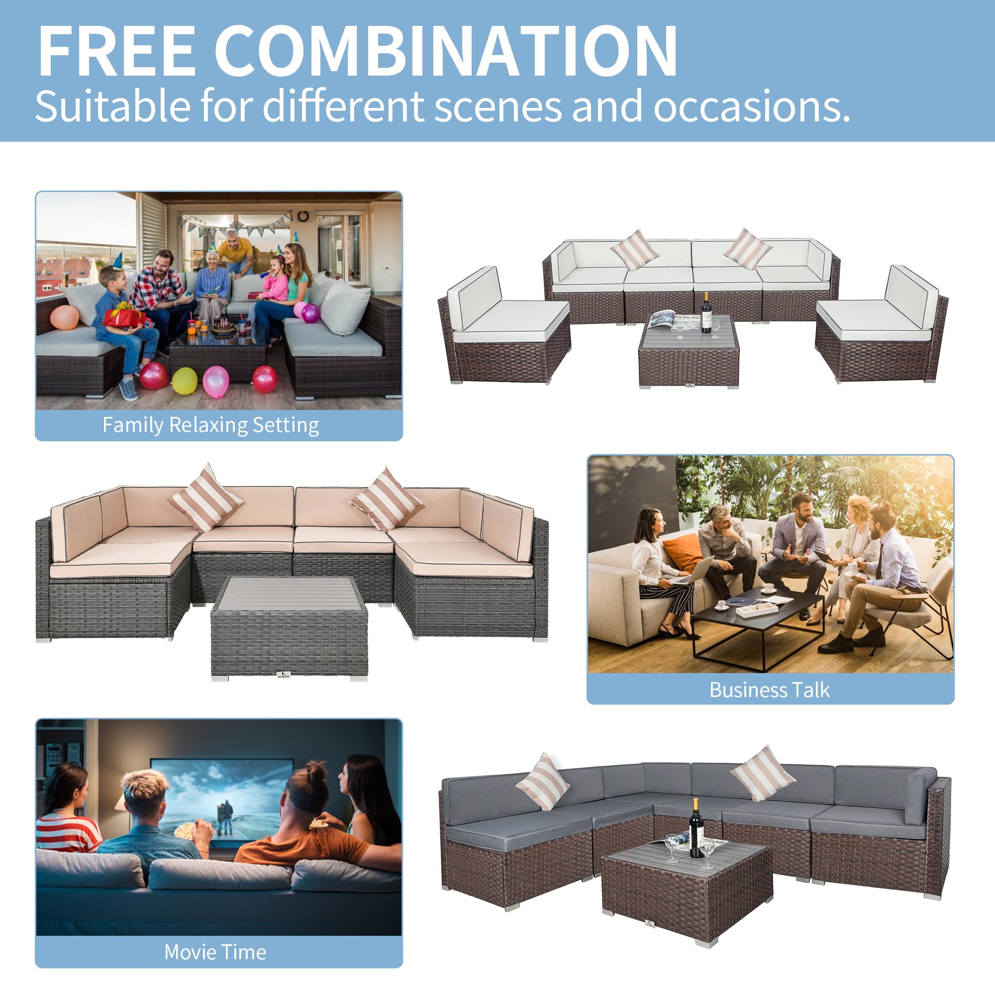 7 Piece Outdoor Patio Furniture Set with Cushions, PE Rattan Wicker Modular Outdoor Sectional L Shape Patio Conversation Sofa Set with Coffee Table, and Two Pillows (Light Gray/Gray)