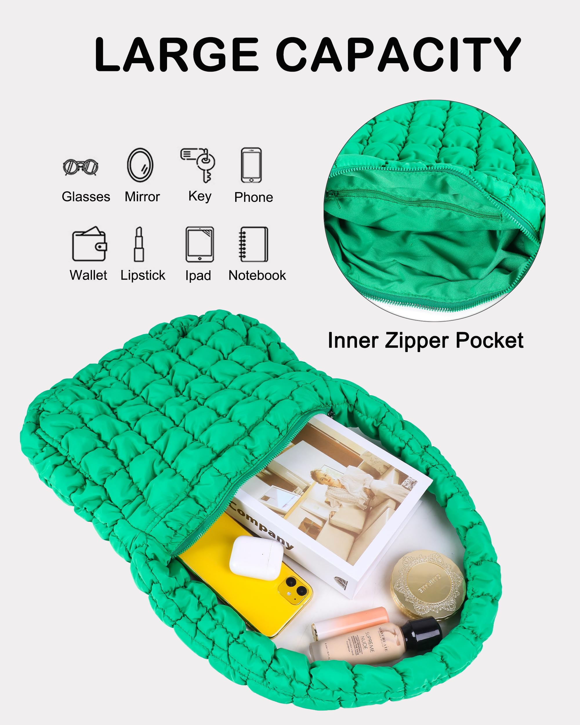 Rejolly Puffer Quilted Shoulder Bag for Women Puffy Bubble Tote Bag Lightweight Nylon Handbag Padded Soft Purse Green