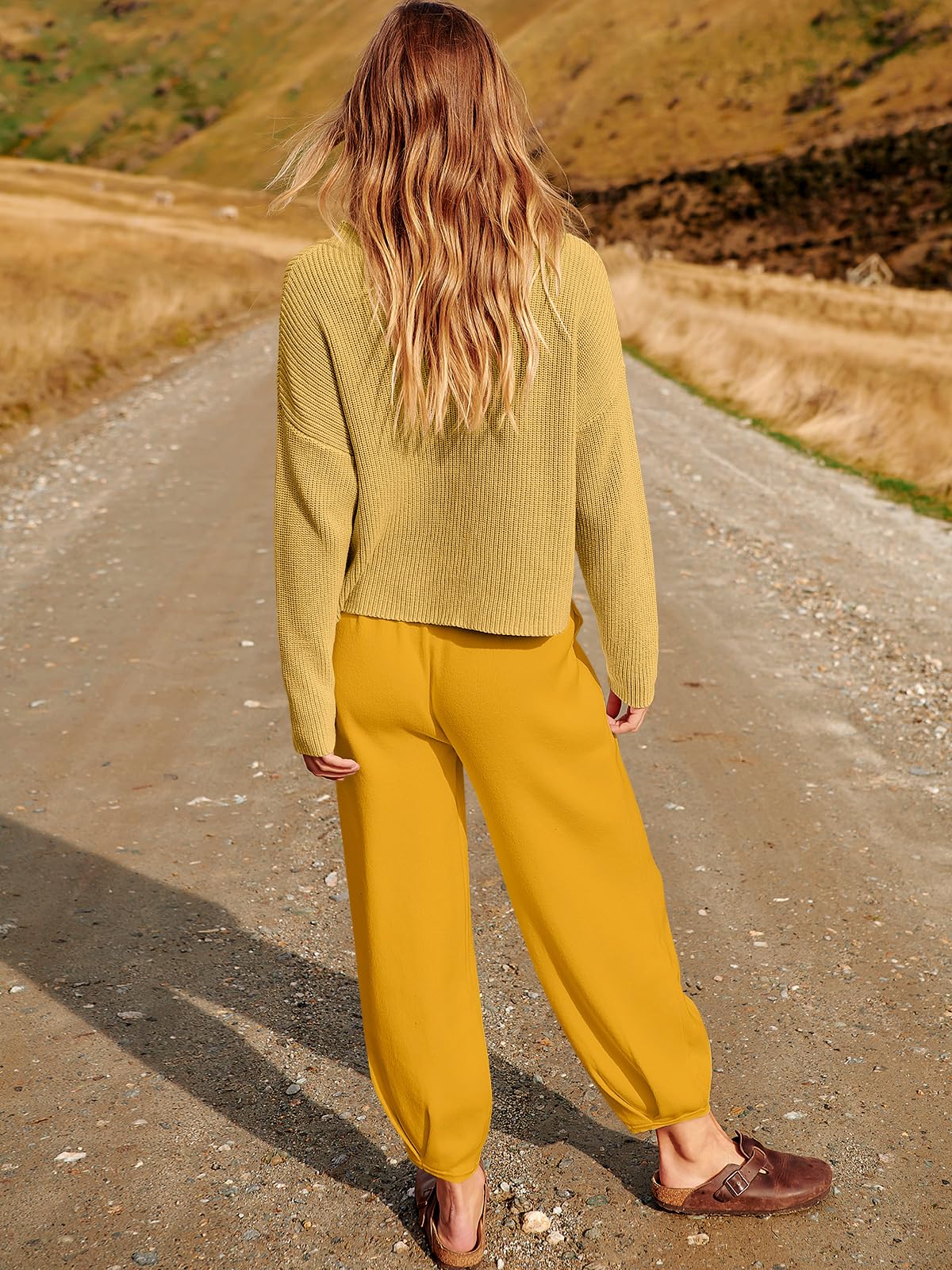 ANRABESS Women's Two Piece Outfits Long Sleeve Knit Top Fall Sweater Set Oversized Pants Tracksuit Lounge Sets Yellow Medium