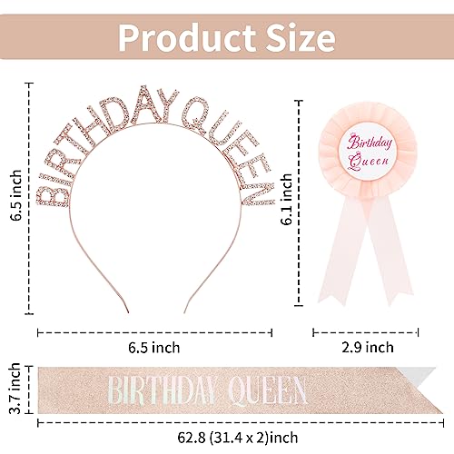Rose-Gold Birthday Celebration Set with Queen Sash, Hair Bands, Rhinestone Headband, and Corsage for Women