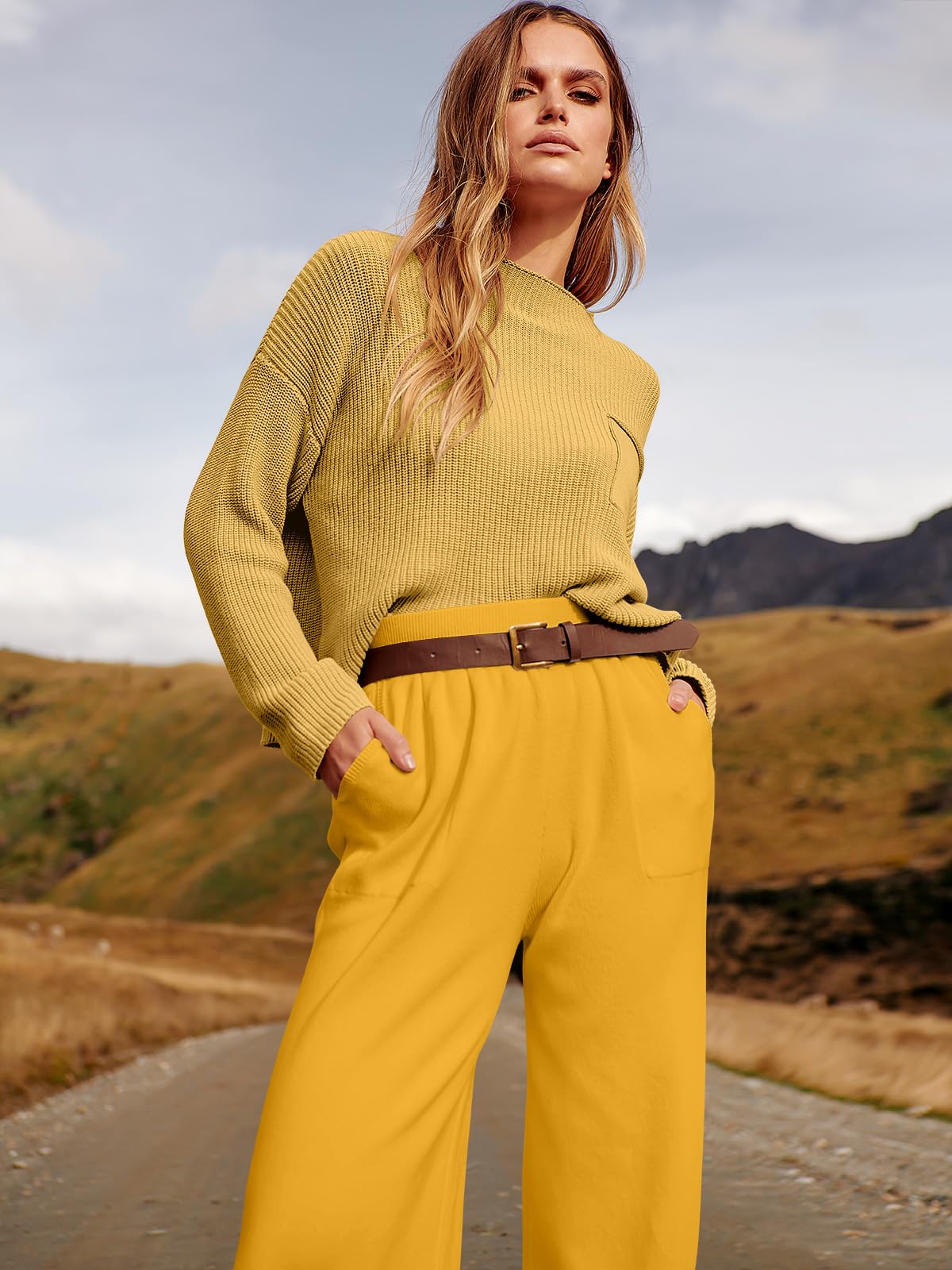 ANRABESS Women's Two Piece Outfits Long Sleeve Knit Top Fall Sweater Set Oversized Pants Tracksuit Lounge Sets Yellow Medium