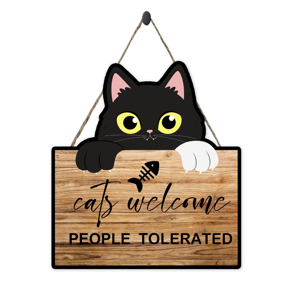 Funny Welcome Sign,Cats Welcome People Tolerated,Wooden Hanging Wall Sign,Decoration for Home Front Door,Gifts for Women Cat Lovers,Black Kitten,9.8x11 inches