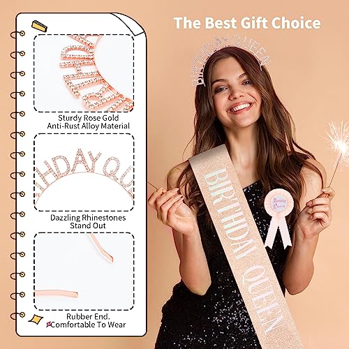 Rose-Gold Birthday Celebration Set with Queen Sash, Hair Bands, Rhinestone Headband, and Corsage for Women