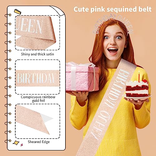 Rose-Gold Birthday Celebration Set with Queen Sash, Hair Bands, Rhinestone Headband, and Corsage for Women