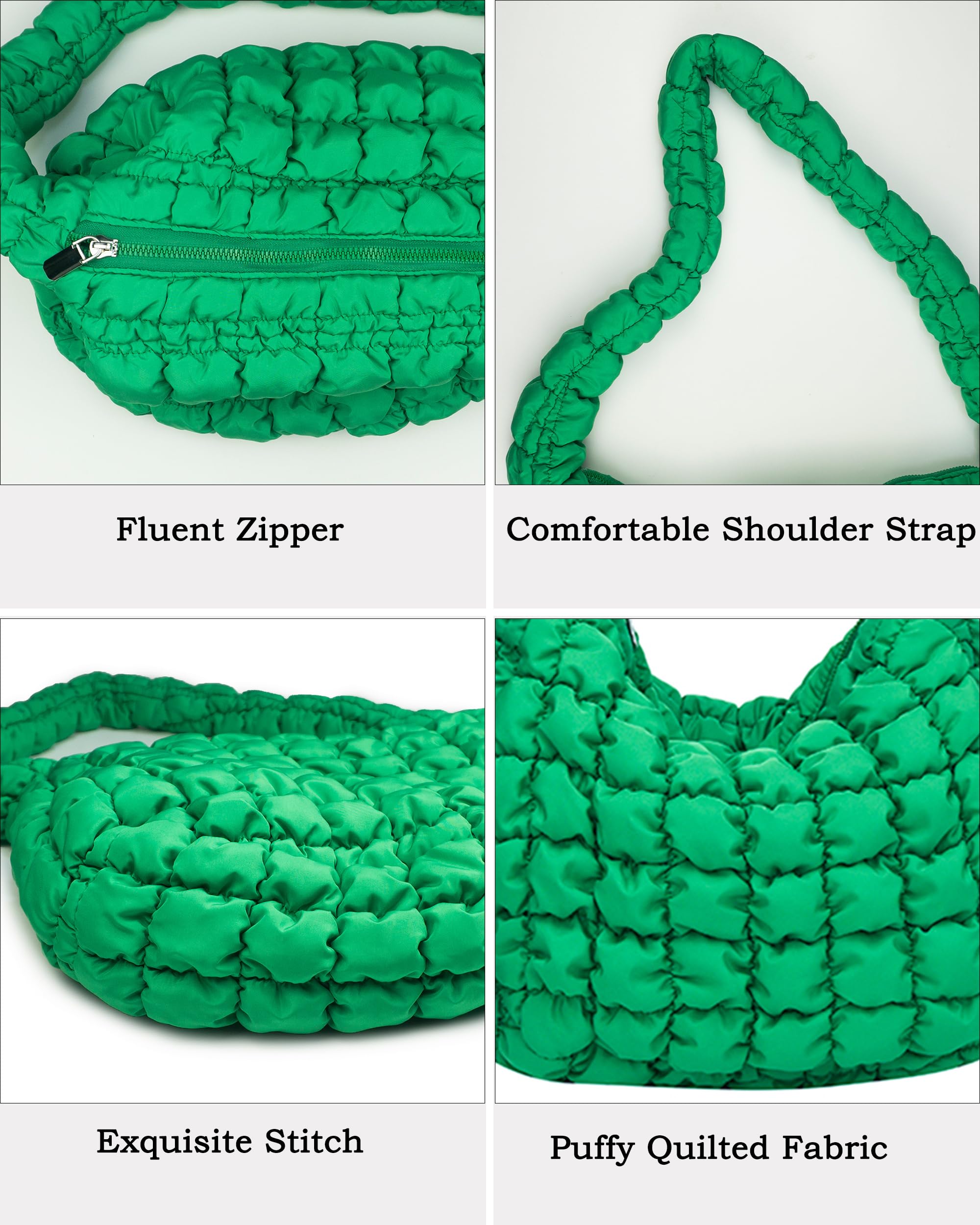 Rejolly Puffer Quilted Shoulder Bag for Women Puffy Bubble Tote Bag Lightweight Nylon Handbag Padded Soft Purse Green