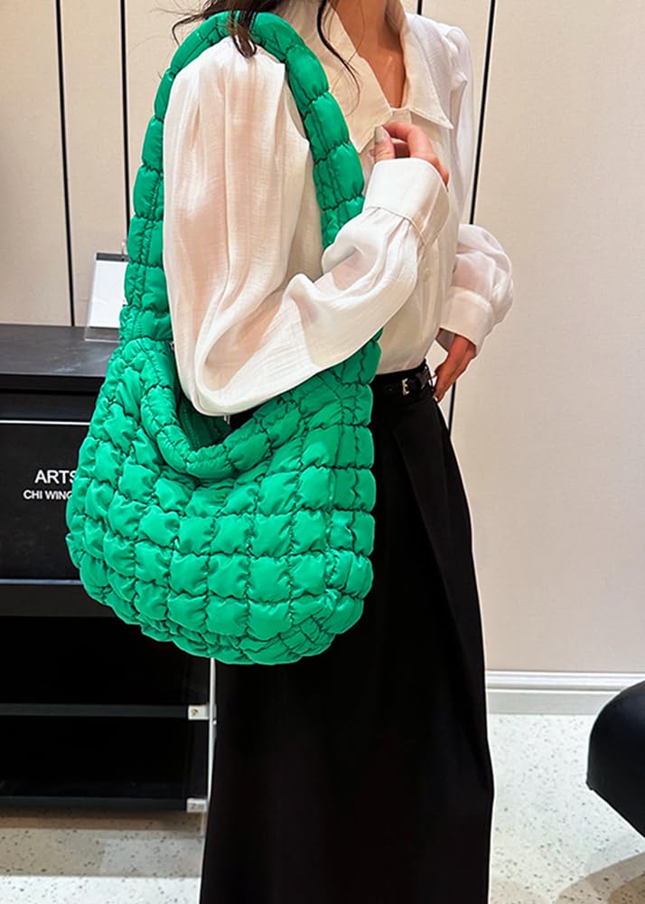Rejolly Puffer Quilted Shoulder Bag for Women Puffy Bubble Tote Bag Lightweight Nylon Handbag Padded Soft Purse Green