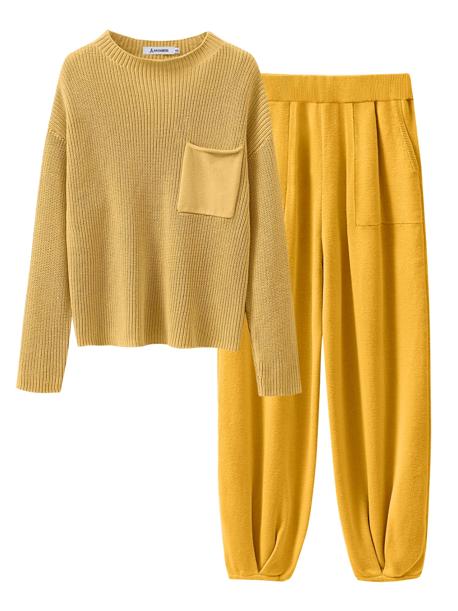 ANRABESS Women's Two Piece Outfits Long Sleeve Knit Top Fall Sweater Set Oversized Pants Tracksuit Lounge Sets Yellow Medium