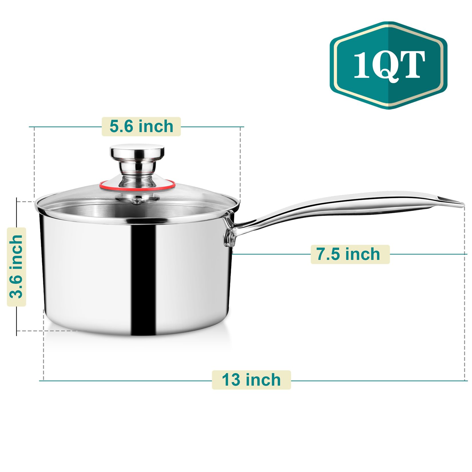 P&P CHEF Small 1 Qt Saucepan, Tri-Ply Stainless Steel Milk Sauce Pan with Glass Lid, Kitchen Induction Cookware for Cooking Boiling Stewing, Dishwasher Safe, Silver