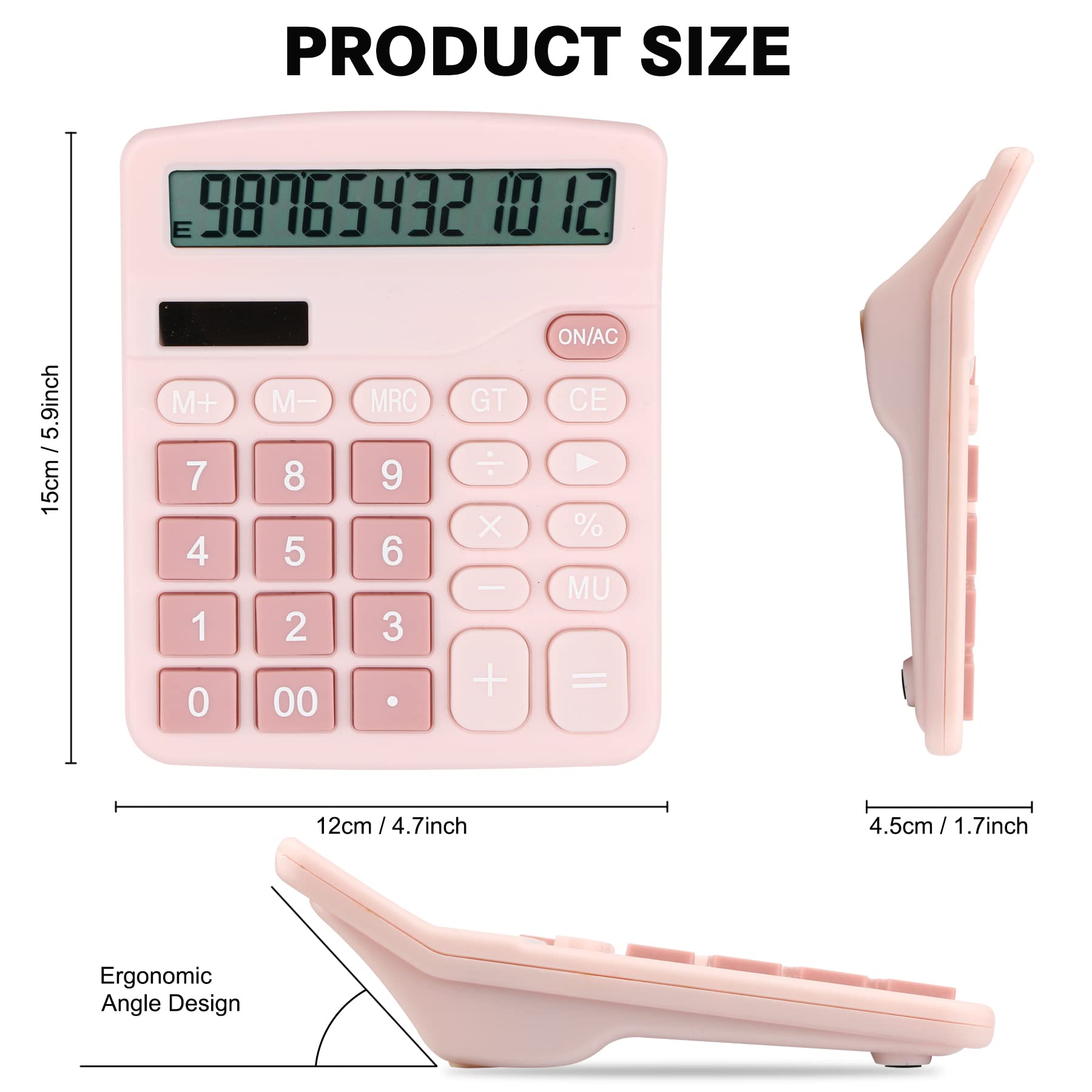 Desk Calculator, Envysun Compact 12-Digit Solar Battery Office Electronic Calculator with LCD Display, Dual Power Desktop Scientific Calculators (Cal-Pink-US)