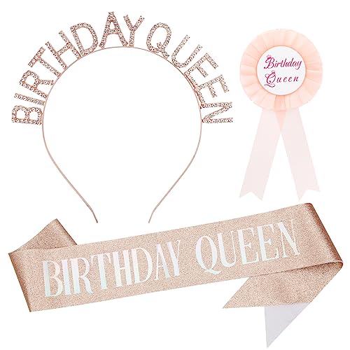 Rose-Gold Birthday Celebration Set with Queen Sash, Hair Bands, Rhinestone Headband, and Corsage for Women