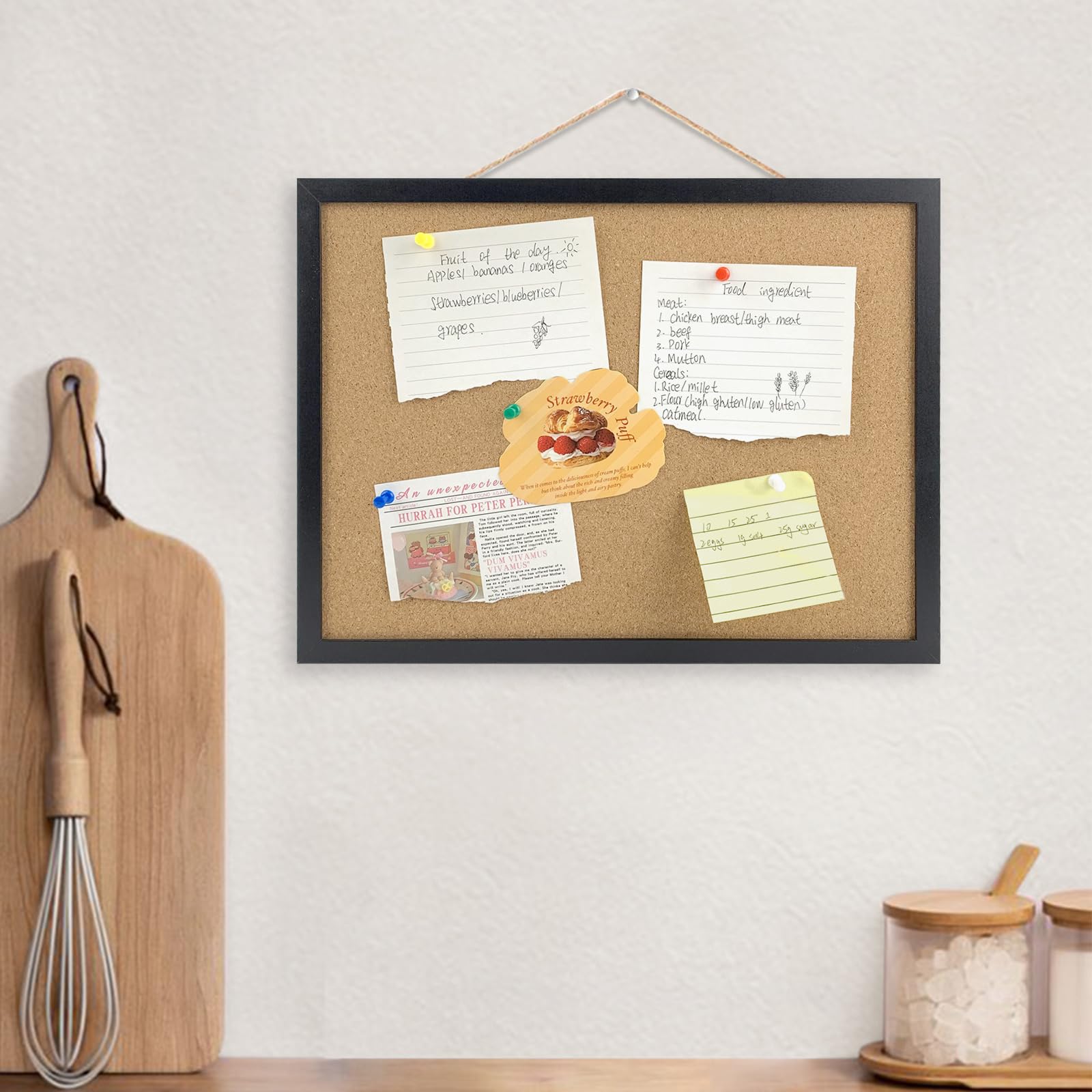 Black Cork Board Bulletin Board, 14.6"X 11" Cork Board, Oak Wood Finish Frame, Wall Mounted Cork Board for Office Home and School(Pins, Eye Bolts, gaskets, Screws)