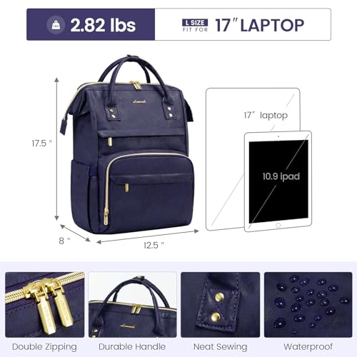 LOVEVOOK Vintage Leather Backpack for Women,17 inch Leather Laptop Backpack Women Teacher Nurse Work Travel Backpack Computer Laptop Bags,Professional Backpack Purse Tote Carry On Backpack,Indigo Ink