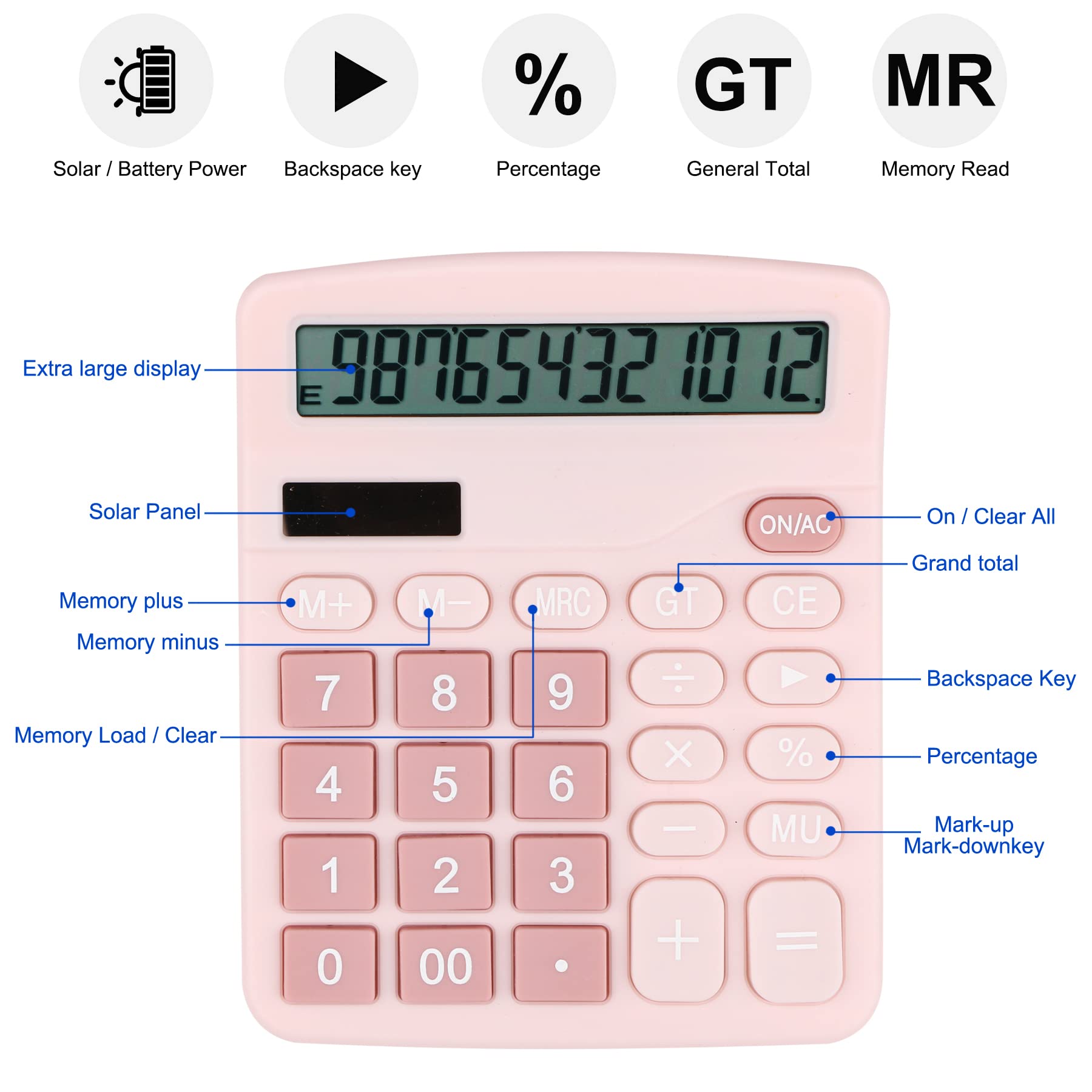 Desk Calculator, Envysun Compact 12-Digit Solar Battery Office Electronic Calculator with LCD Display, Dual Power Desktop Scientific Calculators (Cal-Pink-US)
