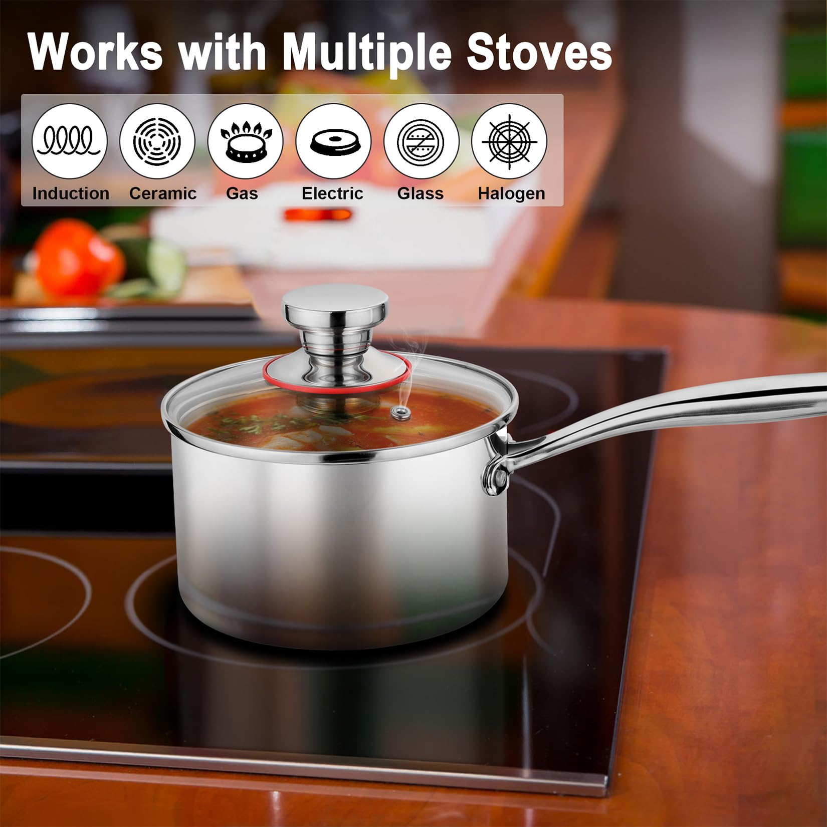 P&P CHEF Small 1 Qt Saucepan, Tri-Ply Stainless Steel Milk Sauce Pan with Glass Lid, Kitchen Induction Cookware for Cooking Boiling Stewing, Dishwasher Safe, Silver