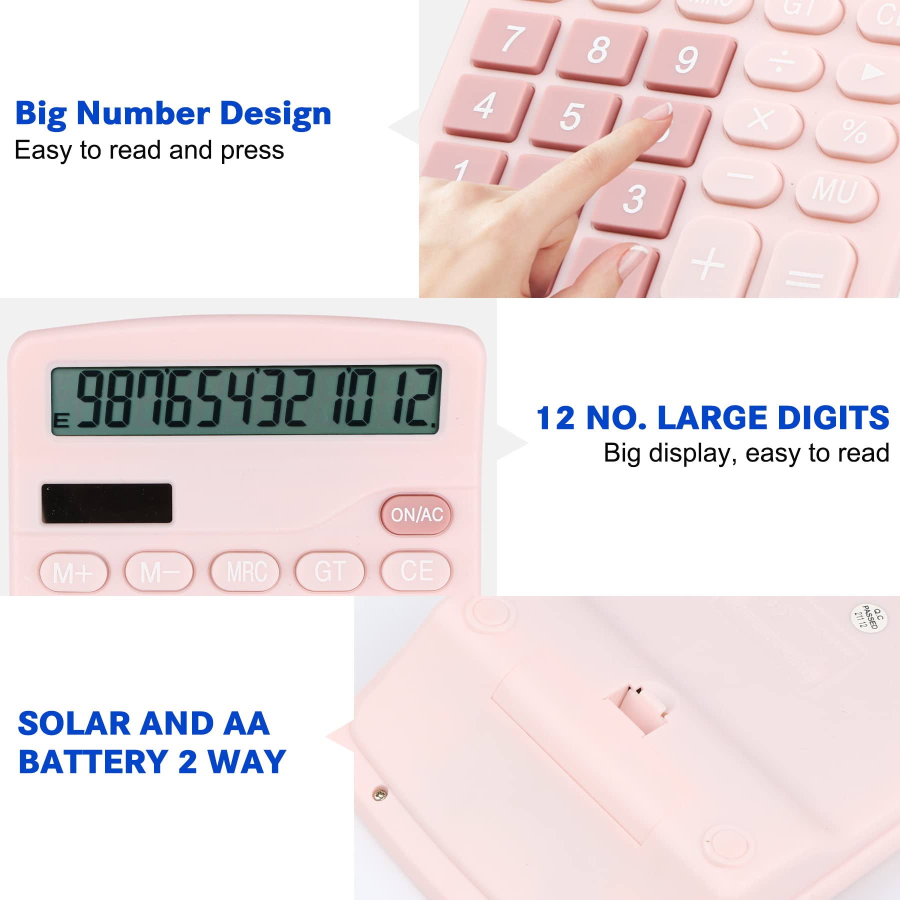 Desk Calculator, Envysun Compact 12-Digit Solar Battery Office Electronic Calculator with LCD Display, Dual Power Desktop Scientific Calculators (Cal-Pink-US)