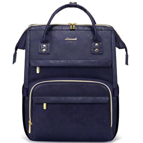 LOVEVOOK Vintage Leather Backpack for Women,17 inch Leather Laptop Backpack Women Teacher Nurse Work Travel Backpack Computer Laptop Bags,Professional Backpack Purse Tote Carry On Backpack,Indigo Ink