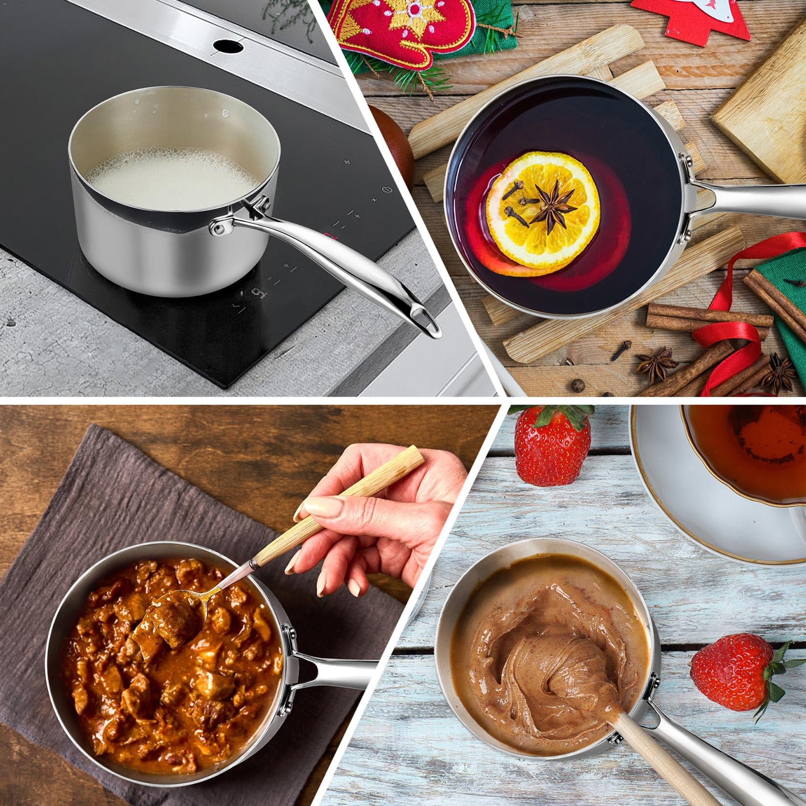 P&P CHEF Small 1 Qt Saucepan, Tri-Ply Stainless Steel Milk Sauce Pan with Glass Lid, Kitchen Induction Cookware for Cooking Boiling Stewing, Dishwasher Safe, Silver