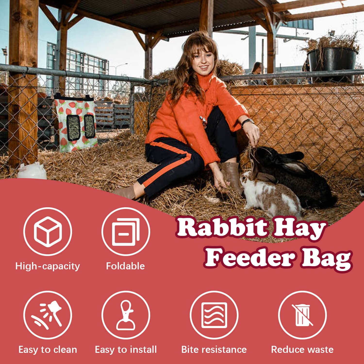 YOLAGGOY Small Animal Hay Feeder, 2 Holes Hanging Rabbit Hay Feeder Bag for Rabbit Small Animal Chinchilla with 1 Grind Teeth Stone(Strawberry)