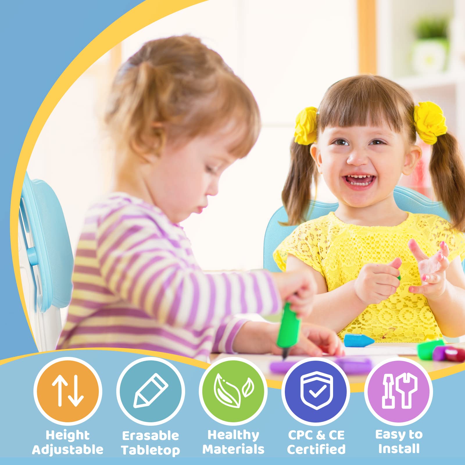 FUNLIO Kids Table and 2 Chairs Set, Height Adjustable Toddler Table and Chair Set for Ages 3-8, Easy to Wipe Arts & Crafts Table, for Classrooms/Daycares/Homes, CPC & CE Approved (3pcs Set) - Blue