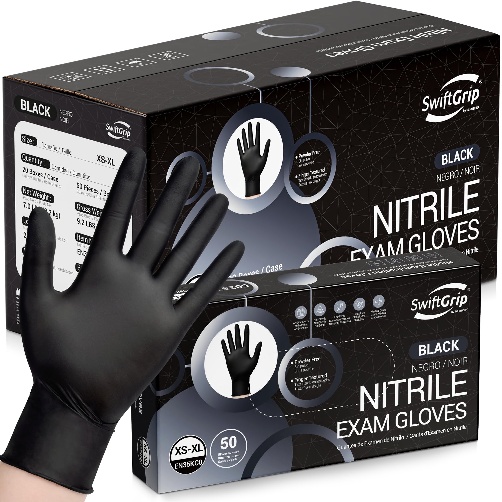 SwiftGrip Disposable Nitrile Exam Gloves, 3-mil, Black Nitrile Gloves Disposable Latex Free for Medical, Cooking & Esthetician, Food-Safe Rubber Gloves, Powder Free, Non-Sterile, 1000ct Case (X-Small)
