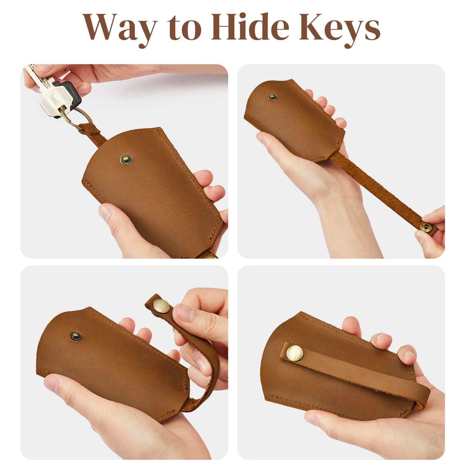 S-ZONE Keychains for Women Men Genuine Leather Car Key Holder Case Key Protector Cover Sleeve Keychain Pouch with metal ring
