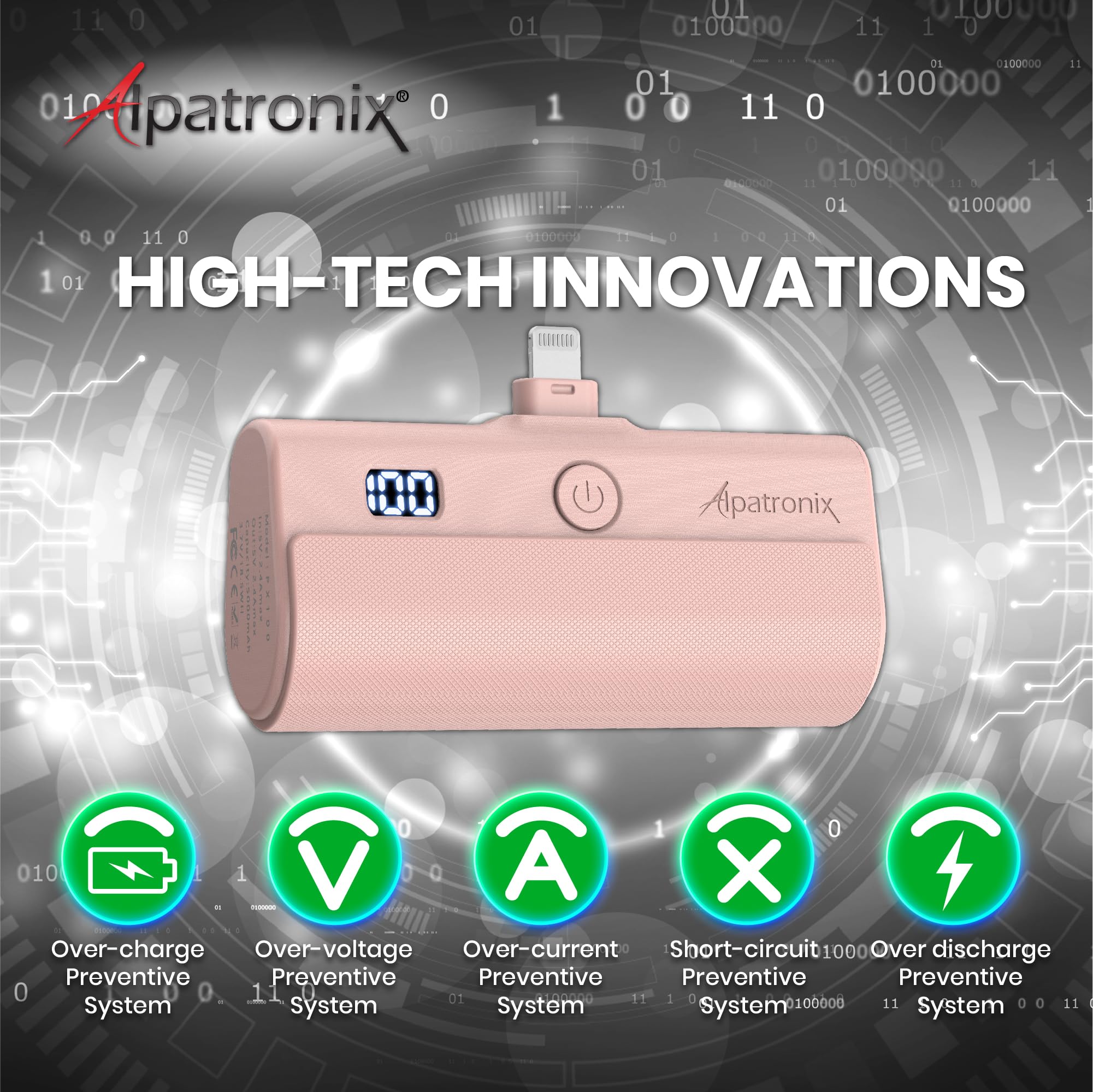Alpatronix MFi Certified Mini Portable Charger for iPhone 5000mAh LCD Display Fast Charging Power Bank Compatible with iPhone 14 13 12 11 X 8 7 6 Series with Carrying Case - PX100 (Pink)