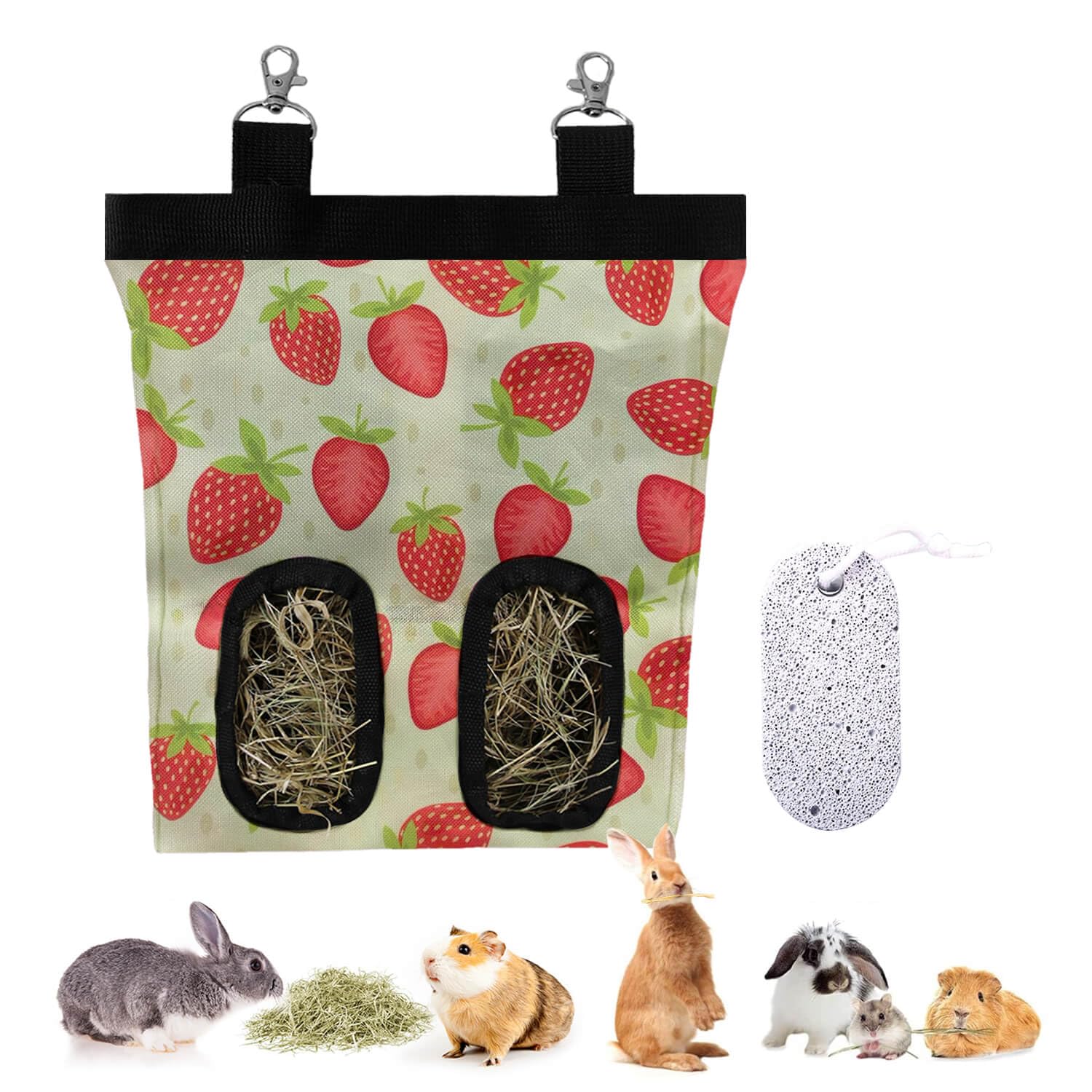 YOLAGGOY Small Animal Hay Feeder, 2 Holes Hanging Rabbit Hay Feeder Bag for Rabbit Small Animal Chinchilla with 1 Grind Teeth Stone(Strawberry)