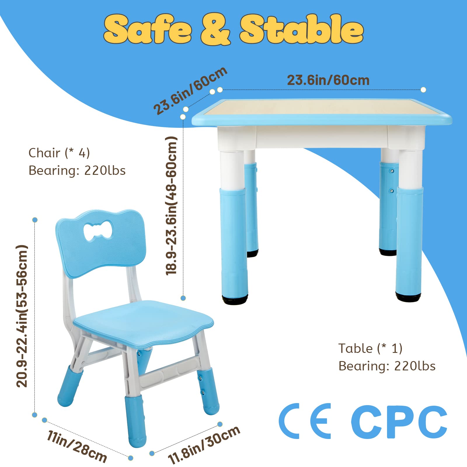 FUNLIO Kids Table and 2 Chairs Set, Height Adjustable Toddler Table and Chair Set for Ages 3-8, Easy to Wipe Arts & Crafts Table, for Classrooms/Daycares/Homes, CPC & CE Approved (3pcs Set) - Blue