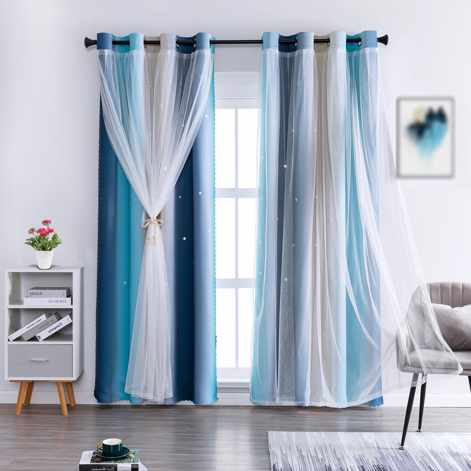 Anytime Dream Star Blackout Curtains for Kids Rooms Girl Princess Curtain for Daughter Bedroom Window (Blue,1 Panel,W52 x L63inch)