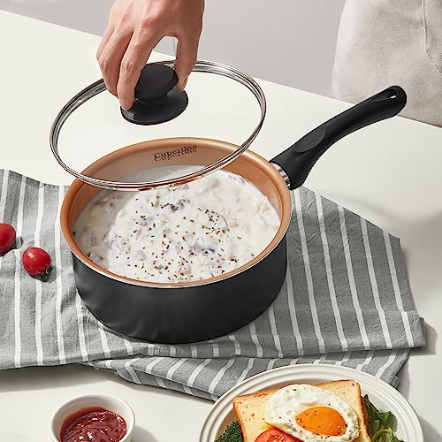 Cupertino 2 Quart Saucepan with Lid, Non Stick Copper Pot, 2 QT Small Pot for cooking, Sauce Pan Set Nonstick, Induction Compatible, Dishwasher & Oven Safe, PFOA Free