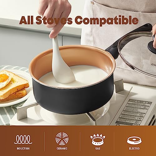 Cupertino 2 Quart Saucepan with Lid, Non Stick Copper Pot, 2 QT Small Pot for cooking, Sauce Pan Set Nonstick, Induction Compatible, Dishwasher & Oven Safe, PFOA Free