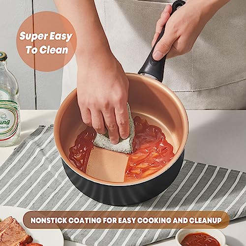 Cupertino 2 Quart Saucepan with Lid, Non Stick Copper Pot, 2 QT Small Pot for cooking, Sauce Pan Set Nonstick, Induction Compatible, Dishwasher & Oven Safe, PFOA Free