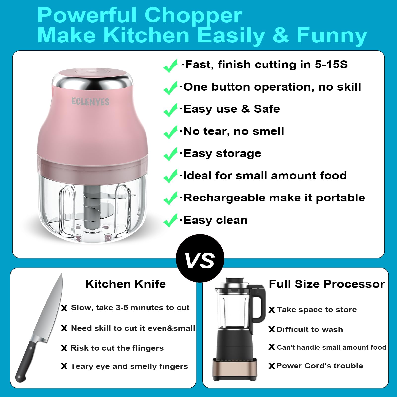 Vegetable Chopper, Electric Garlic Chopper, 250ML USB Rechargeable Mini Chopper, Powerful Small Food Processor, Blender to Vegetable, Wireless Food Chopper for Ginger, Chili, Fruit, Meat, etc(Pink)