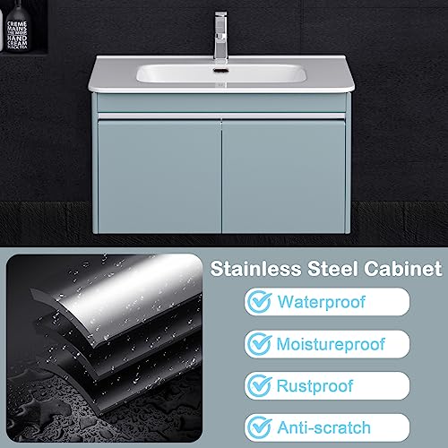 Ceramic Bathroom Vanity, Stainless Steel Bathroom Vanities, Waterproof Vanity, for Bathroom, Garage, and Garden (31.7" W, Includes Cold and Hot Faucet, Set of Accessories)
