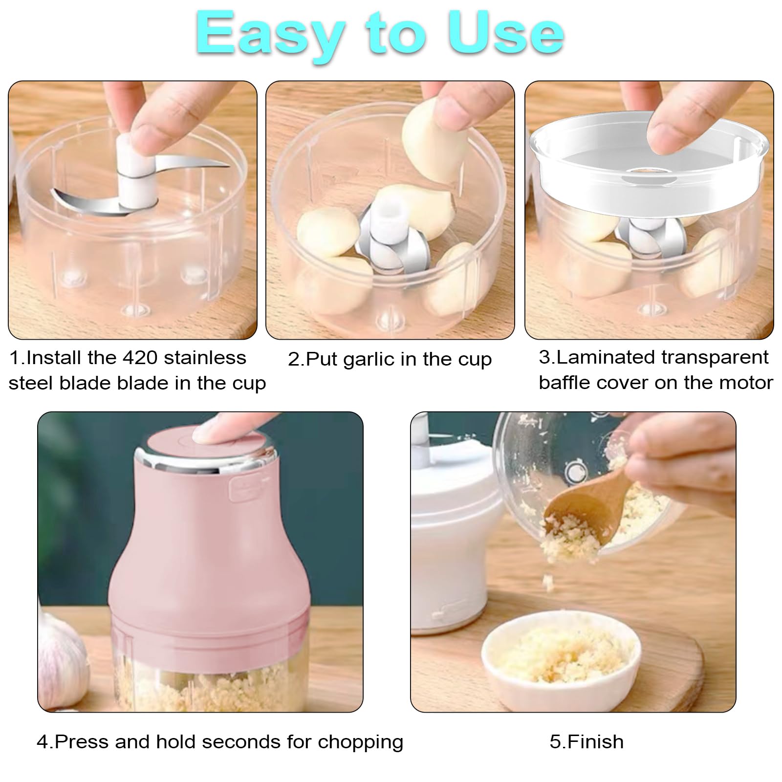 Vegetable Chopper, Electric Garlic Chopper, 250ML USB Rechargeable Mini Chopper, Powerful Small Food Processor, Blender to Vegetable, Wireless Food Chopper for Ginger, Chili, Fruit, Meat, etc(Pink)