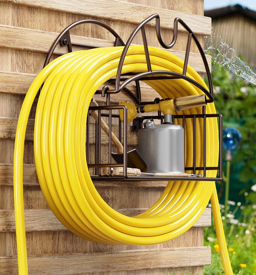 Asuby Hose Reel Garden Hose Holder,Water Hose Holder Wall Mount,Heavy Duty Metal Water Hose Rack with Tool Storage Basket,Outdoor Hose Stands for Outside Garden Yard Garage