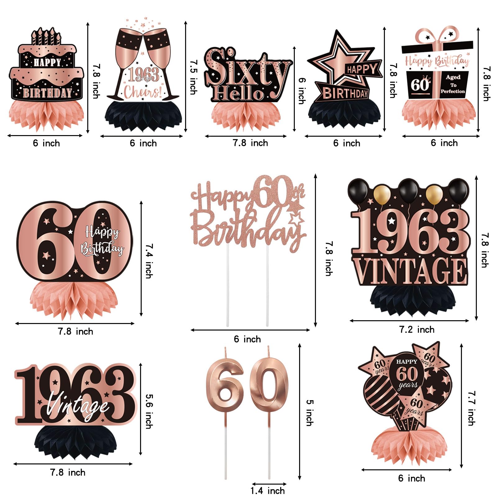 12Pcs 60th Birthday Decorations Women, Including 60th Birthday Honeycomb Centerpieces Decorations, Cake Topper and Candles, 1963 Birthday Table Sign Décor
