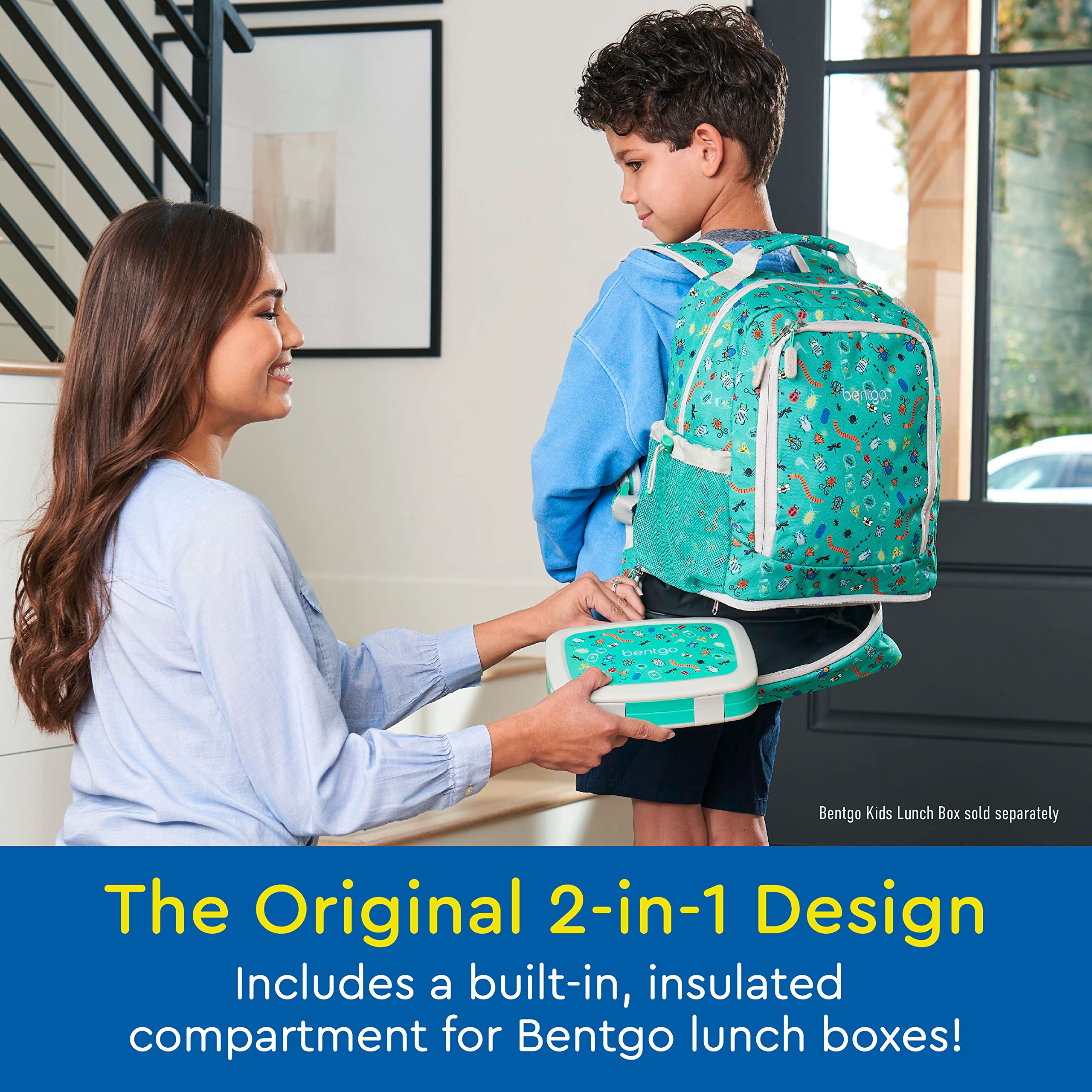 Bentgo Kids 2-in-1 Backpack & Insulated Lunch Bag - Durable 16” Backpack & Lunch Container in Unique Prints for School & Travel - Water Resistant, Padded & Large Compartments (Bug Buddies)