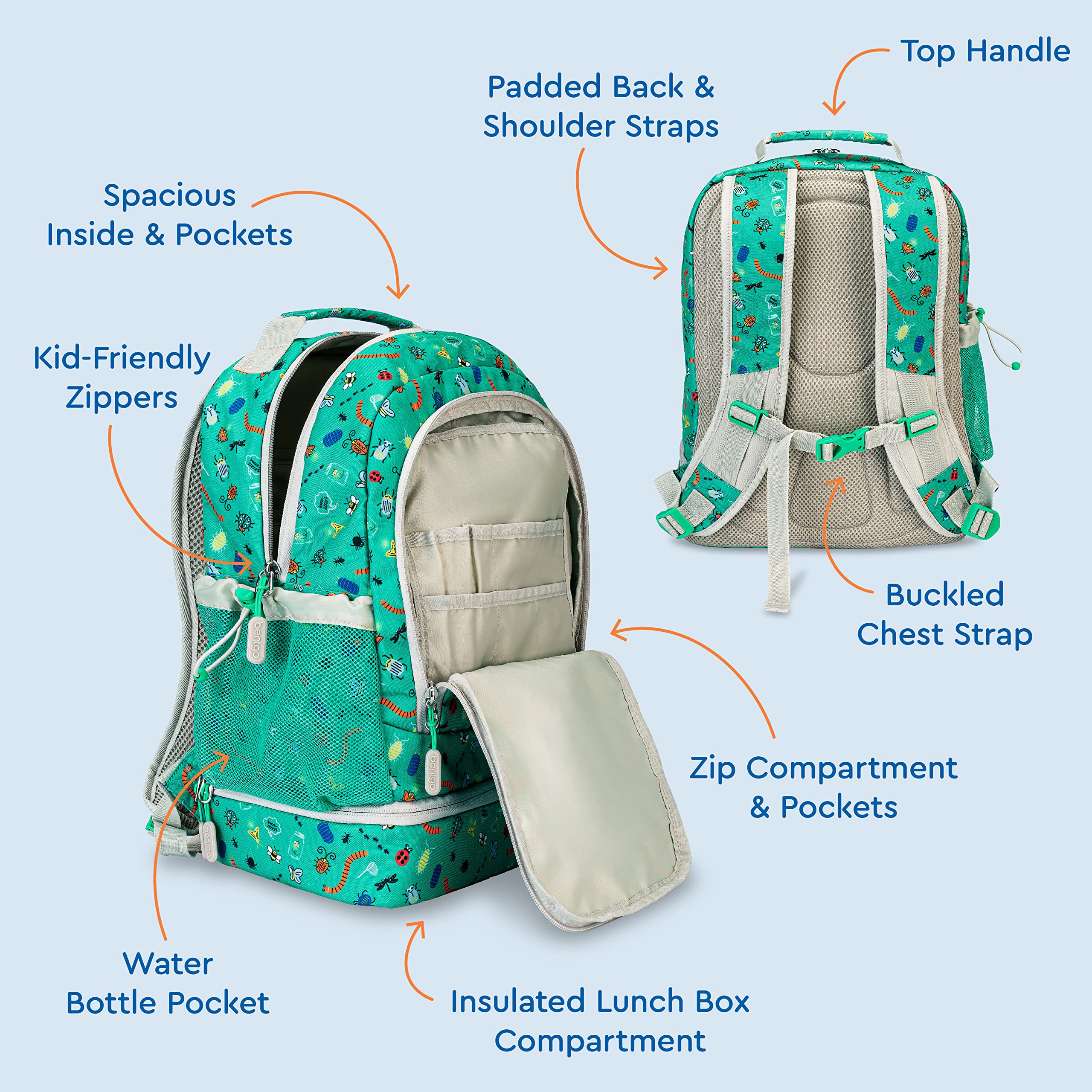 Bentgo Kids 2-in-1 Backpack & Insulated Lunch Bag - Durable 16” Backpack & Lunch Container in Unique Prints for School & Travel - Water Resistant, Padded & Large Compartments (Bug Buddies)