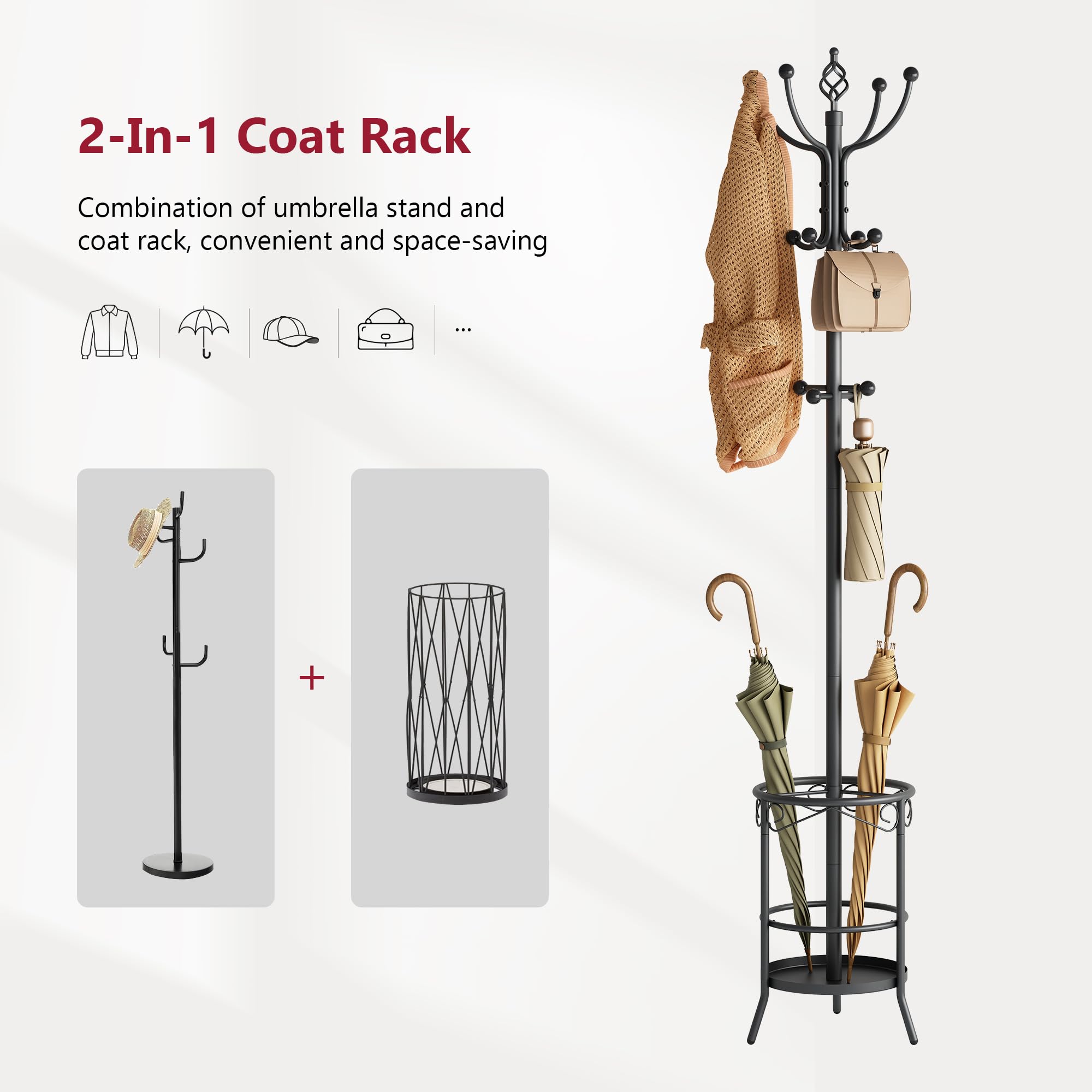 Tajsoon Coat Rack Stand with Umbrella Holder, Entryway Coat Hanger with 12 Hooks, for Living Room, Bedroom, Office