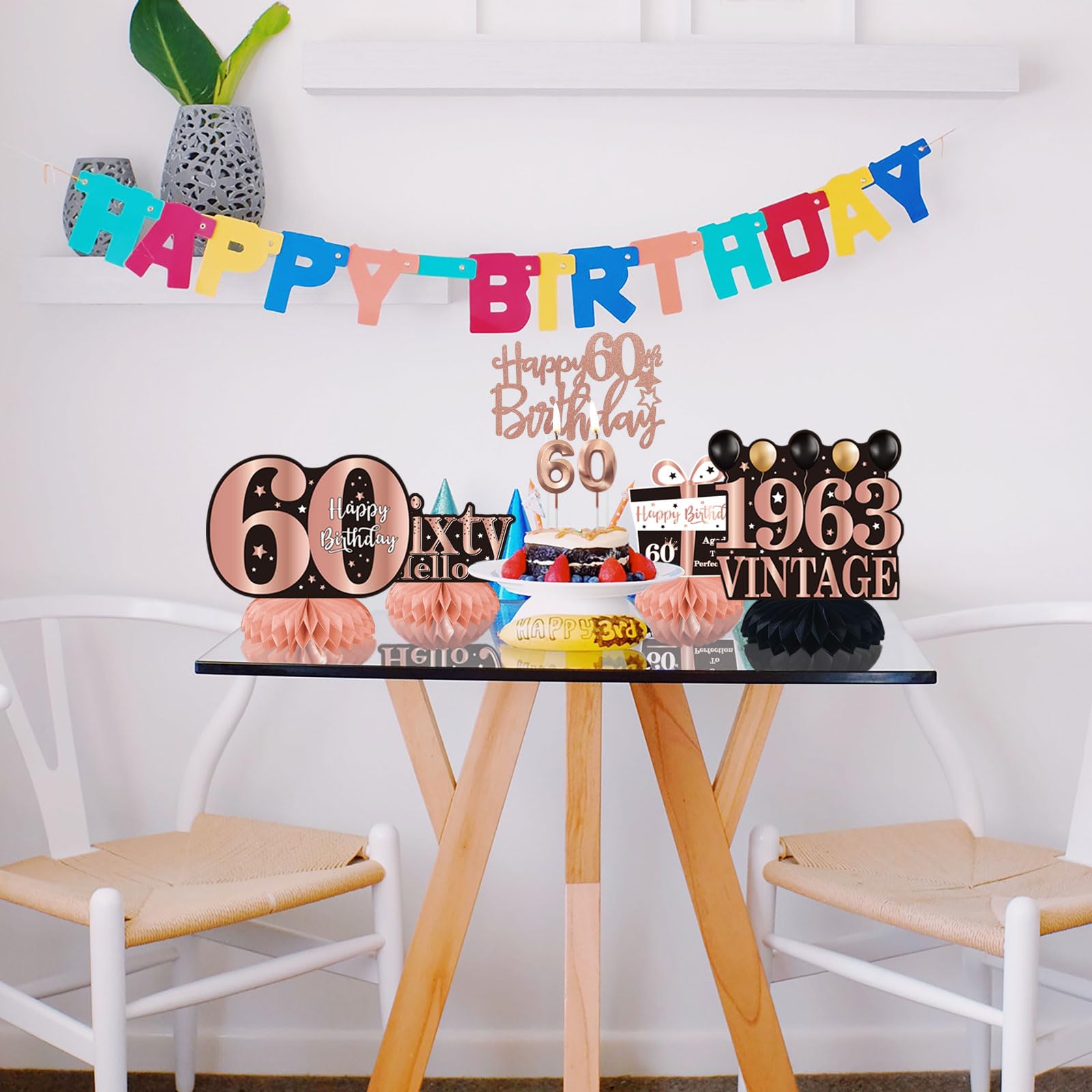 12Pcs 60th Birthday Decorations Women, Including 60th Birthday Honeycomb Centerpieces Decorations, Cake Topper and Candles, 1963 Birthday Table Sign Décor